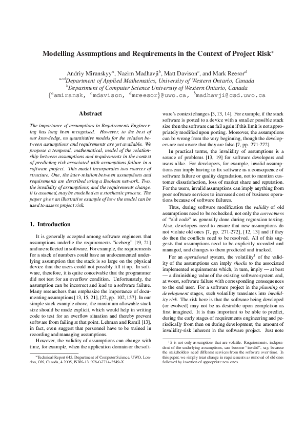 (PDF) Modelling assumptions and requirements in the context of project risk | Andriy Miranskyy ...