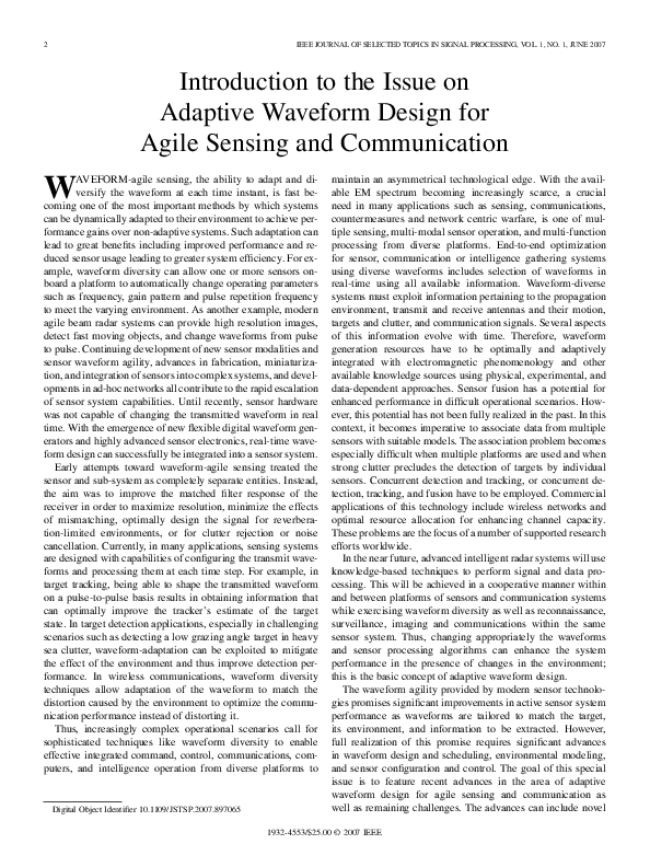 (PDF) Introduction to the issue on adaptive waveform design for agile sensing and communication