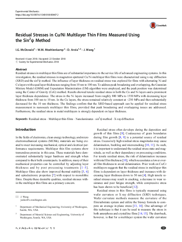 (PDF) Residual Stresses in Cu/Ni Multilayer Thin Films Measured Using the Sin2ψ Method