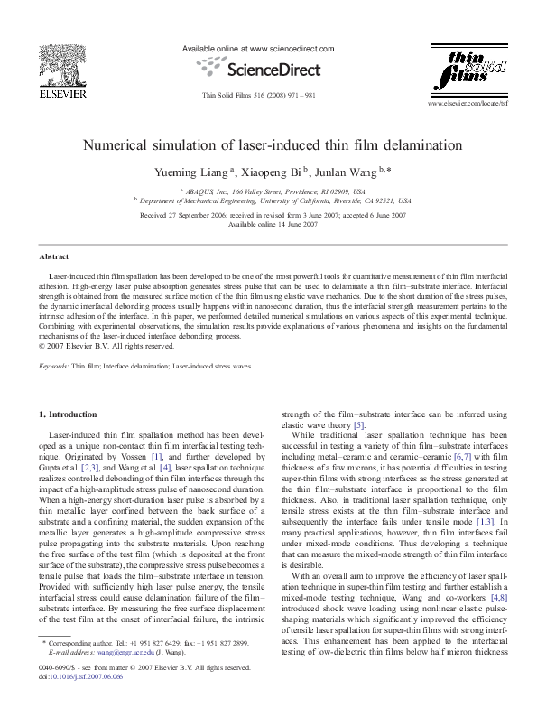 (PDF) Numerical simulation of laser-induced thin film delamination