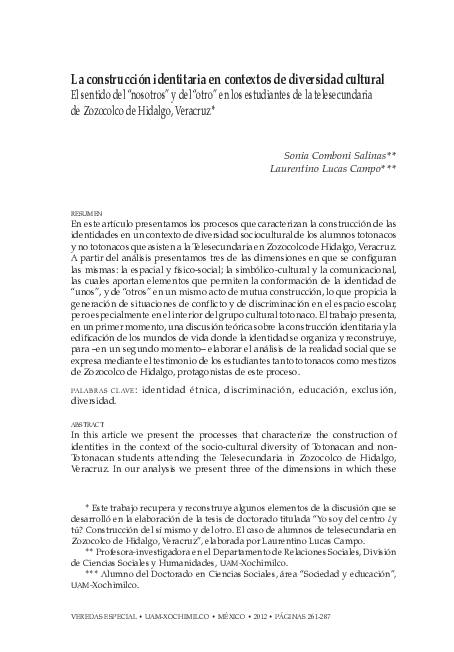 (PDF) La construcción identitaria en contextos de diversidad cultural. El sentido del "nosotros ...