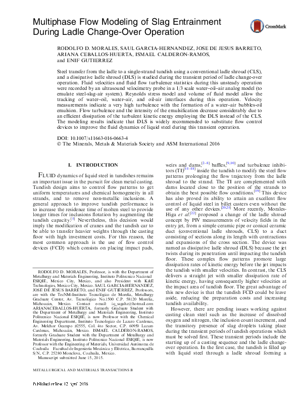 (PDF) Multiphase Flow Modeling of Slag Entrainment During Ladle Change-Over Operation | Saul ...