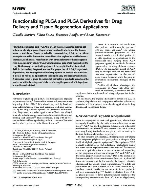 (PDF) Functionalizing PLGA and PLGA Derivatives for Drug Delivery and ...