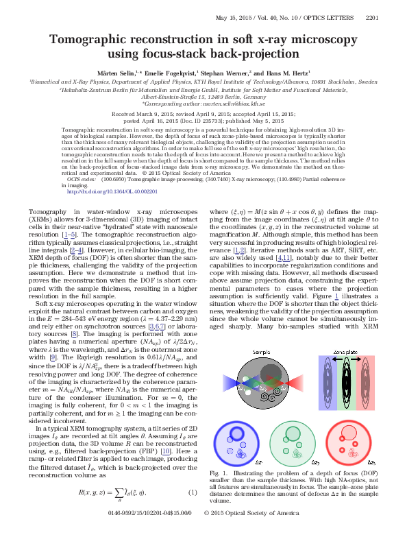(PDF) Tomographic reconstruction in soft x-ray microscopy using focus-stack back-projection