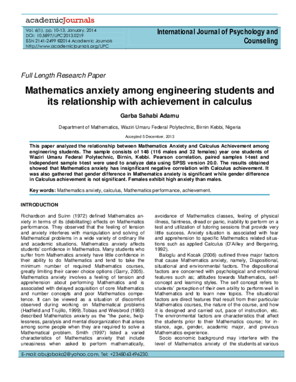 (PDF) Mathematics anxiety among engineering students and its ...