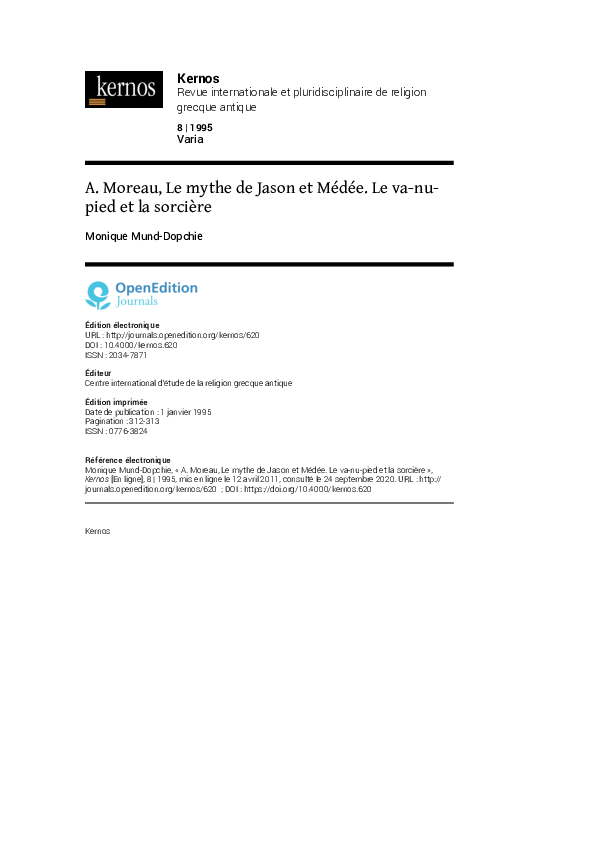 (PDF) A. Moreau, Le mythe de Jason et Médée. Le va-nu-pied et la sorcière