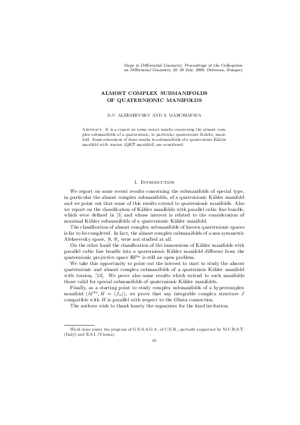 (PDF) Almost complex submanifolds of a quaternionic Kähler manifold