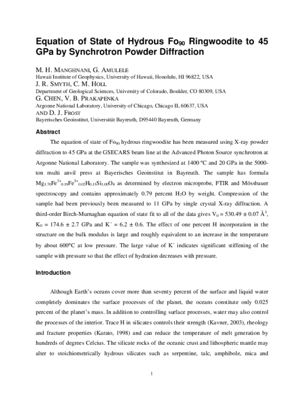 (PDF) Equation of state of hydrous Fo90 ringwoodite to 45 GPa by ...