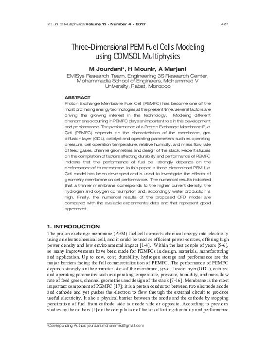 (PDF) Three-Dimensional PEM Fuel Cells Modeling using COMSOL Multiphysics