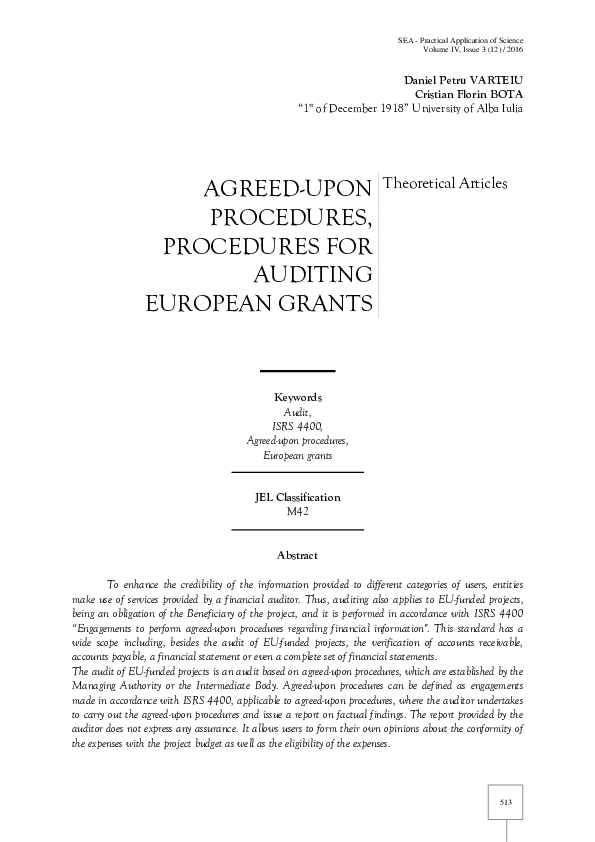 (PDF) Agreed-Upon Procedures, Procedures for Auditing European Grants