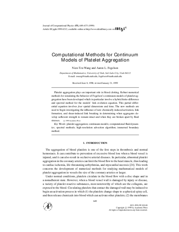 (PDF) Computational Methods for Continuum Models of Platelet Aggregation