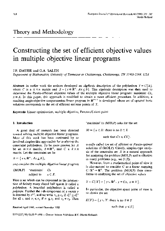 (PDF) Constructing the set of efficient objective values in multiple objective linear programs