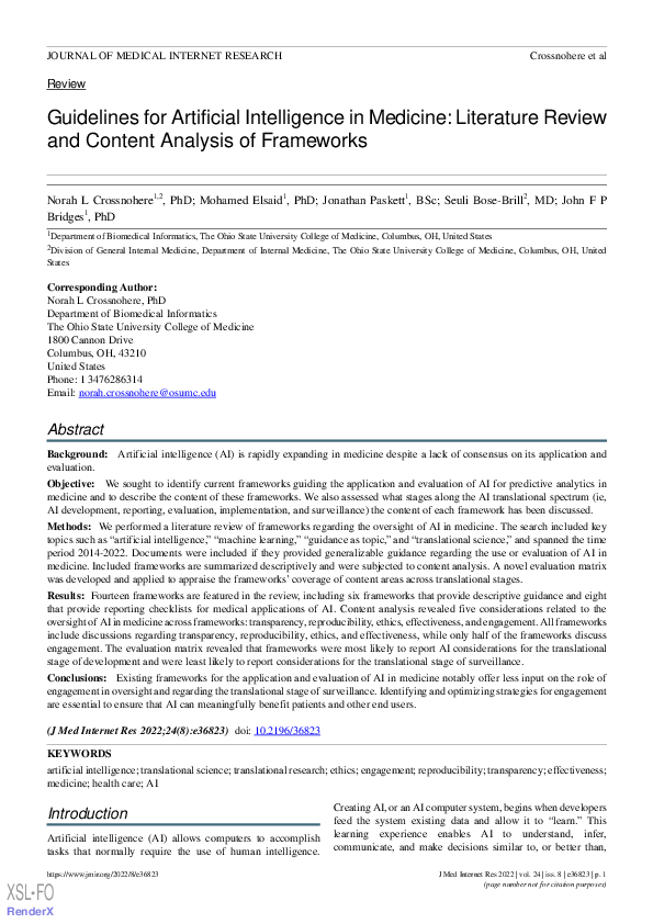 (PDF) Guidelines for Artificial Intelligence in Medicine: Literature Review and Content Analysis ...