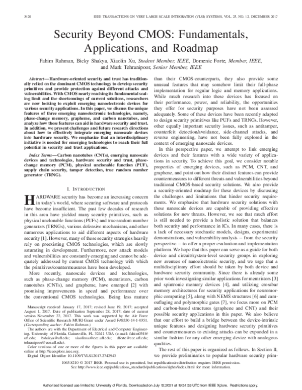 (PDF) Security Beyond CMOS: Fundamentals, Applications, and Roadmap