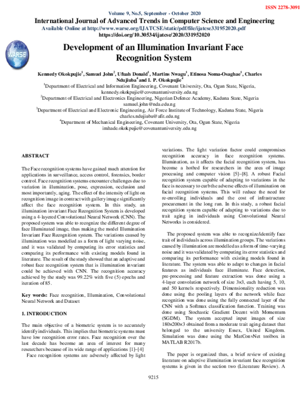 Pdf Development Of An Illumination Invariant Face Recognition System Imhade P Okokpujie