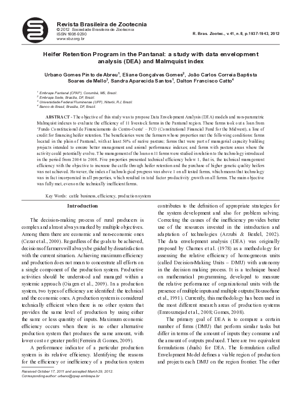 (PDF) Heifer Retention Program in the Pantanal: a study with data envelopment analysis (DEA) and ...