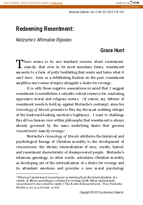 (PDF) Redeeming Resentment: Nietzsche's Affirmative Riposts