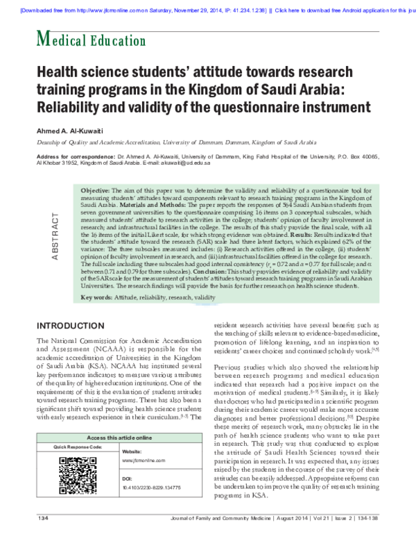 (PDF) Health science students' attitude towards research training programs in the Kingdom of ...