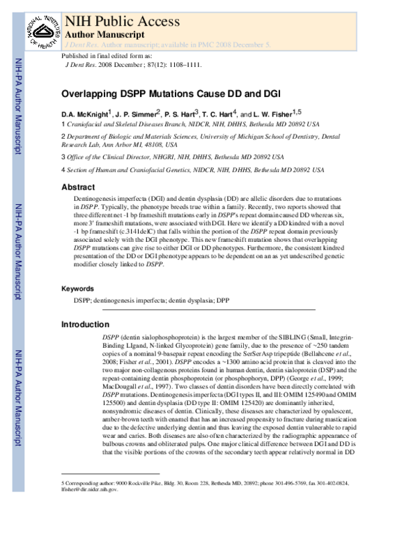 (PDF) Overlapping DSPP Mutations Cause Dentin Dysplasia and Dentinogenesis Imperfecta