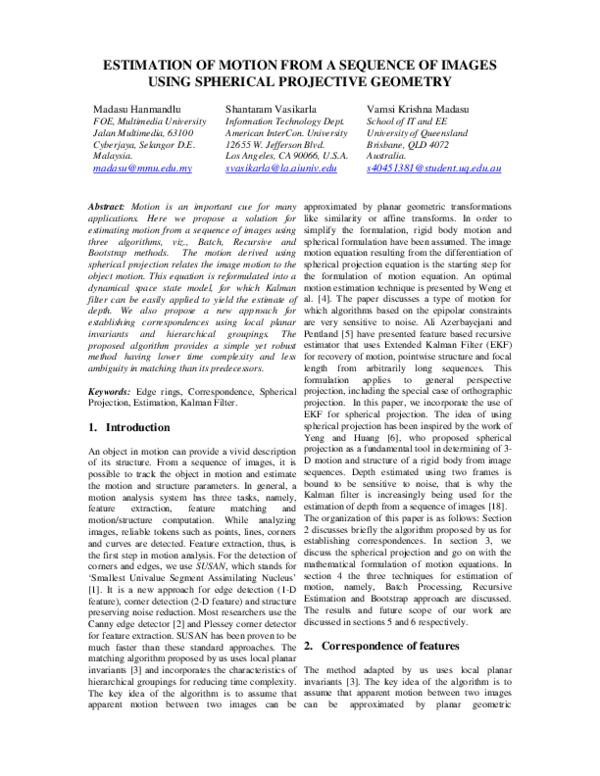 Pdf Estimation Of Motion From A Sequence Of Images Using Spherical