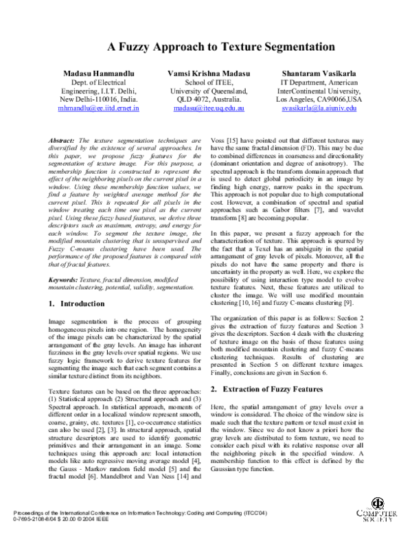 Pdf A Fuzzy Approach To Texture Segmentation Shantaram Vasikarla