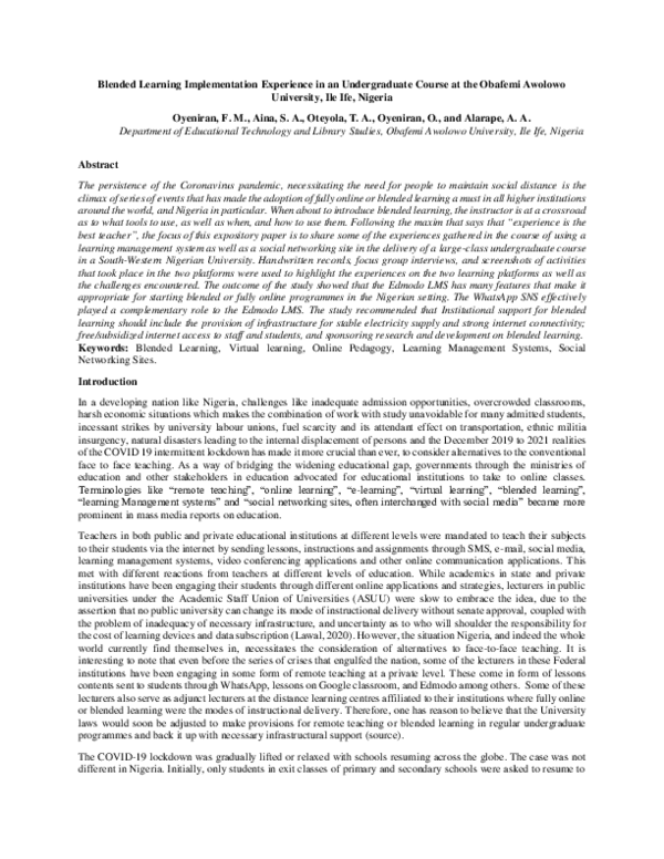 (PDF) Blended Learning Implementation Experience in an Undergraduate Course at the Obafemi ...