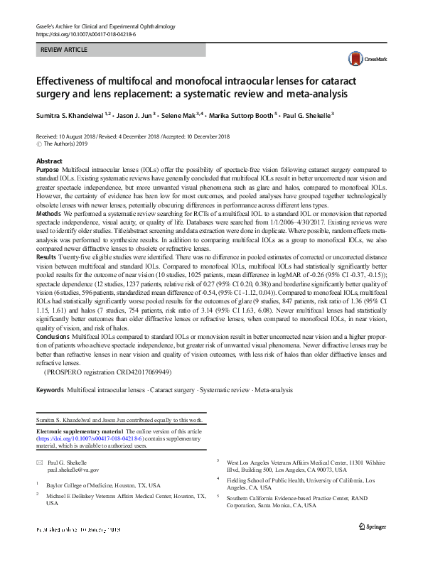 (PDF) Effectiveness of multifocal and monofocal intraocular lenses for ...