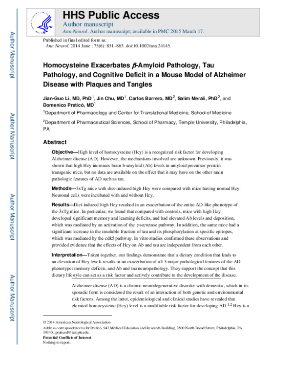 (PDF) Homocysteine exacerbates β-amyloid pathology, tau pathology, and ...