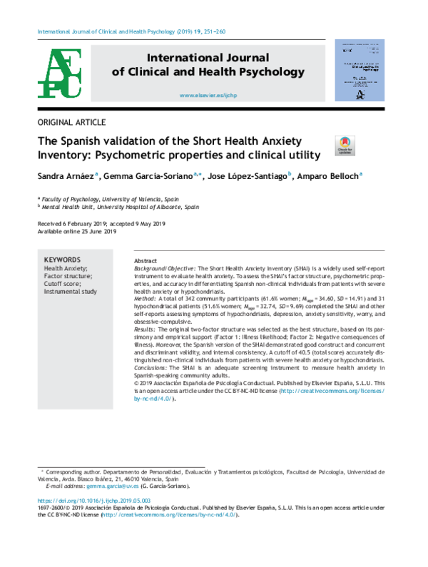 (PDF) The Spanish validation of the Short Health Anxiety Inventory ...