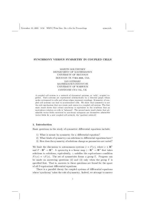 (PDF) Synchrony Versus Symmetry in Coupled Cells | Ian Stewart - Academia.edu