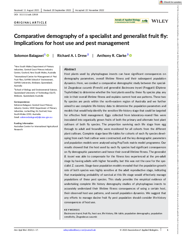 (PDF) Comparative demography of a specialist and generalist fruit fly ...