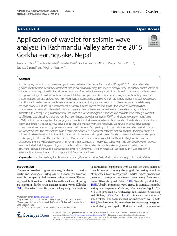 (PDF) Application of wavelet for seismic wave analysis in Kathmandu Valley after the 2015 Gorkha ...
