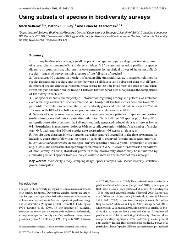 (PDF) Using subsets of species in biodiversity surveys