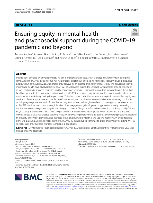 (PDF) Ensuring equity in mental health and psychosocial support during the COVID-19 pandemic and ...
