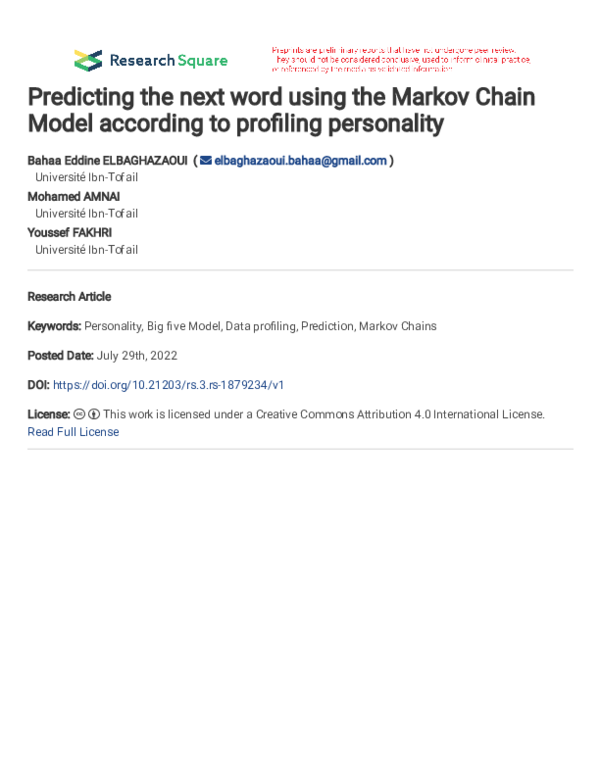 Predicting the next word using the Markov Chain Model according to profiling personality