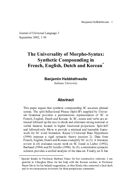 (PDF) The Universality of Morpho-Syntax: Synthetic Compounding in French，English，Dutch and Korean