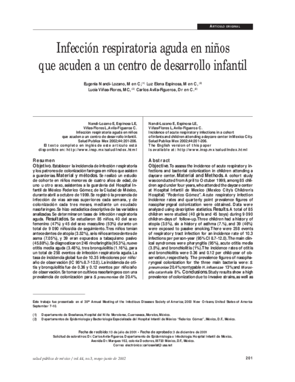Pdf Infección Respiratoria Aguda En Niños Que Acuden A Un Centro De