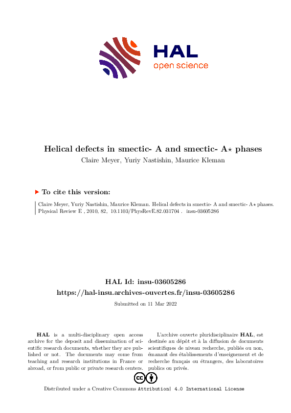 (PDF) Helical defects in smectic-Aand smectic-A∗phases