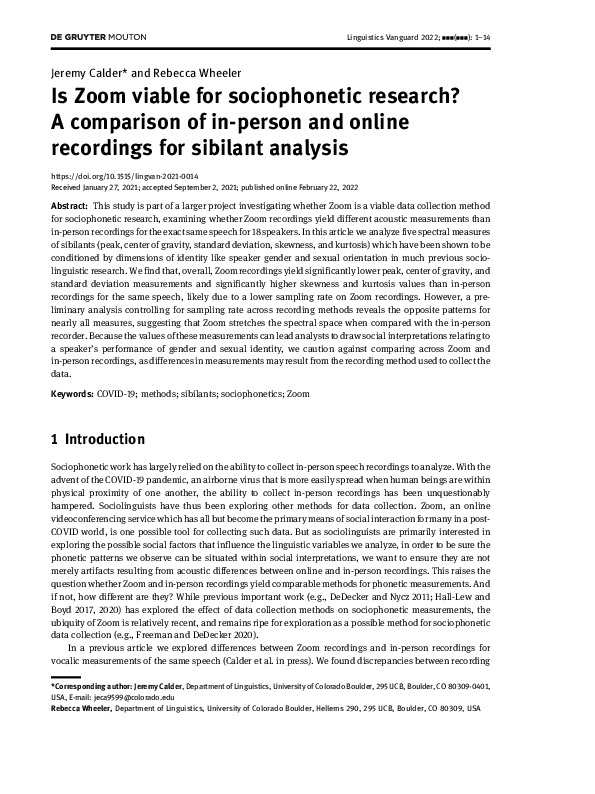 (PDF) Is Zoom viable for sociophonetic research? A comparison of in ...