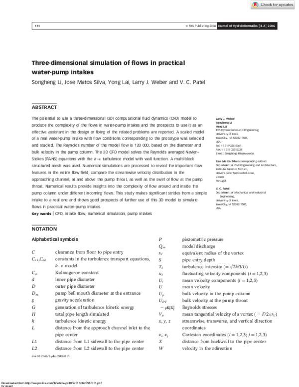 (PDF) Three-dimensional simulation of flows in practical water-pump intakes