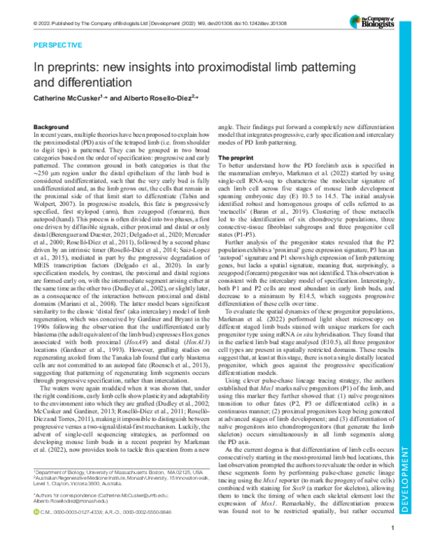 (PDF) Limb Patterning: Insights on Proximodistal Development