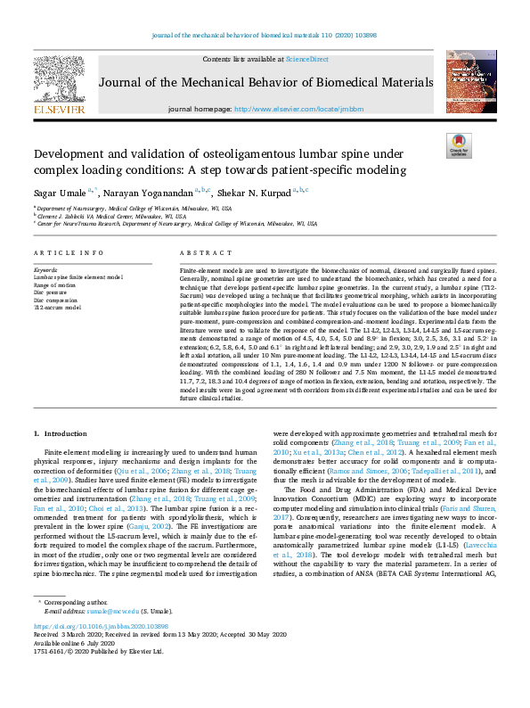 (PDF) Development and validation of osteoligamentous lumbar spine under complex loading ...