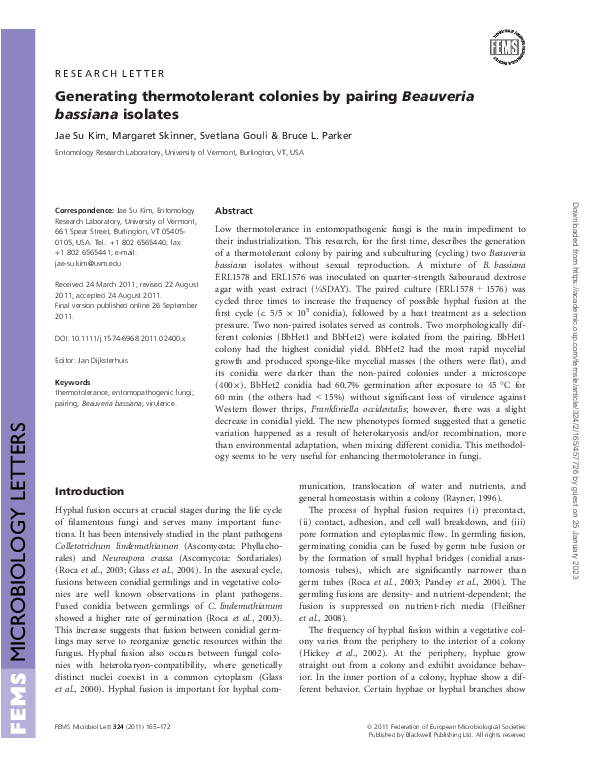 (PDF) Generating thermotolerant colonies by pairing Beauveria bassiana ...