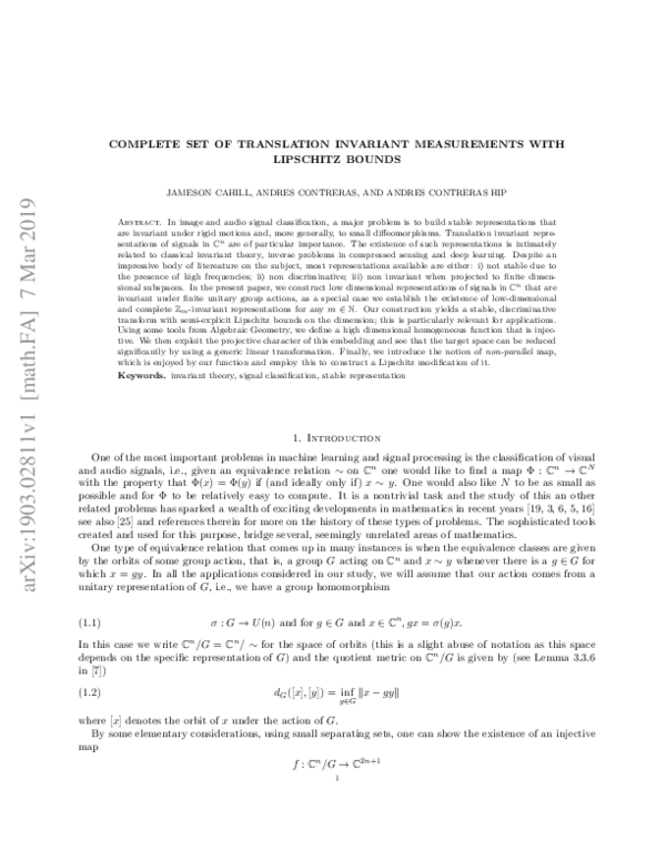 (PDF) Complete set of translation invariant measurements with Lipschitz bounds