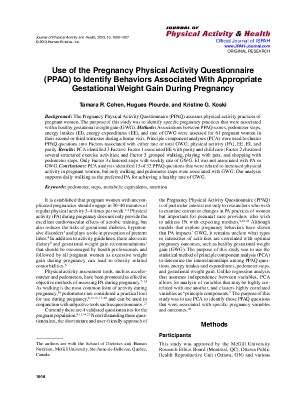 (PDF) Use of the Pregnancy Physical Activity Questionnaire (PPAQ) to Identify Behaviors ...