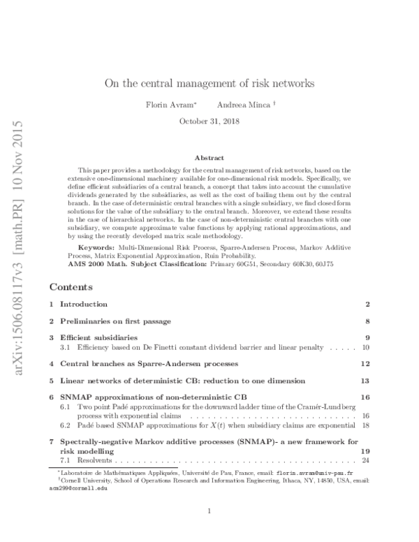 (PDF) On the capital management of central branch risk networks