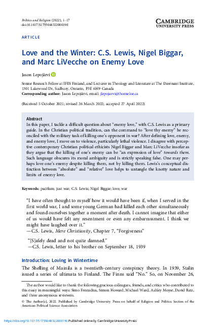 (PDF) Love and the Winter: C.S. Lewis, Nigel Biggar, and Marc LiVecche ...
