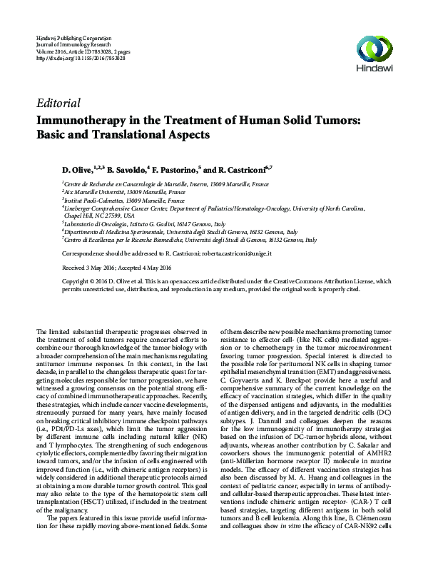(PDF) Immunotherapy in the Treatment of Human Solid Tumors: Basic and Translational Aspects