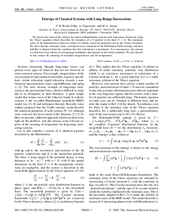 (PDF) Entropy of Classical Systems with Long-Range Interactions