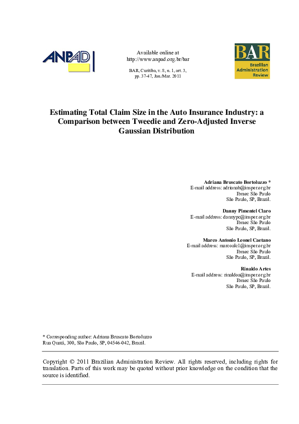 (PDF) Estimating total claim size in the auto insurance industry: a comparison between tweedie ...